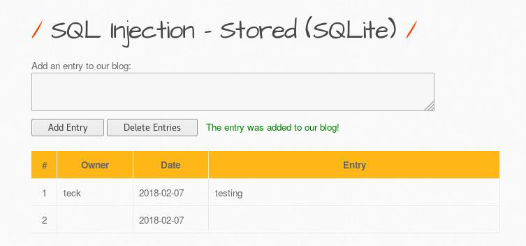 Sql Injection Stored Sqlite · Teckk2